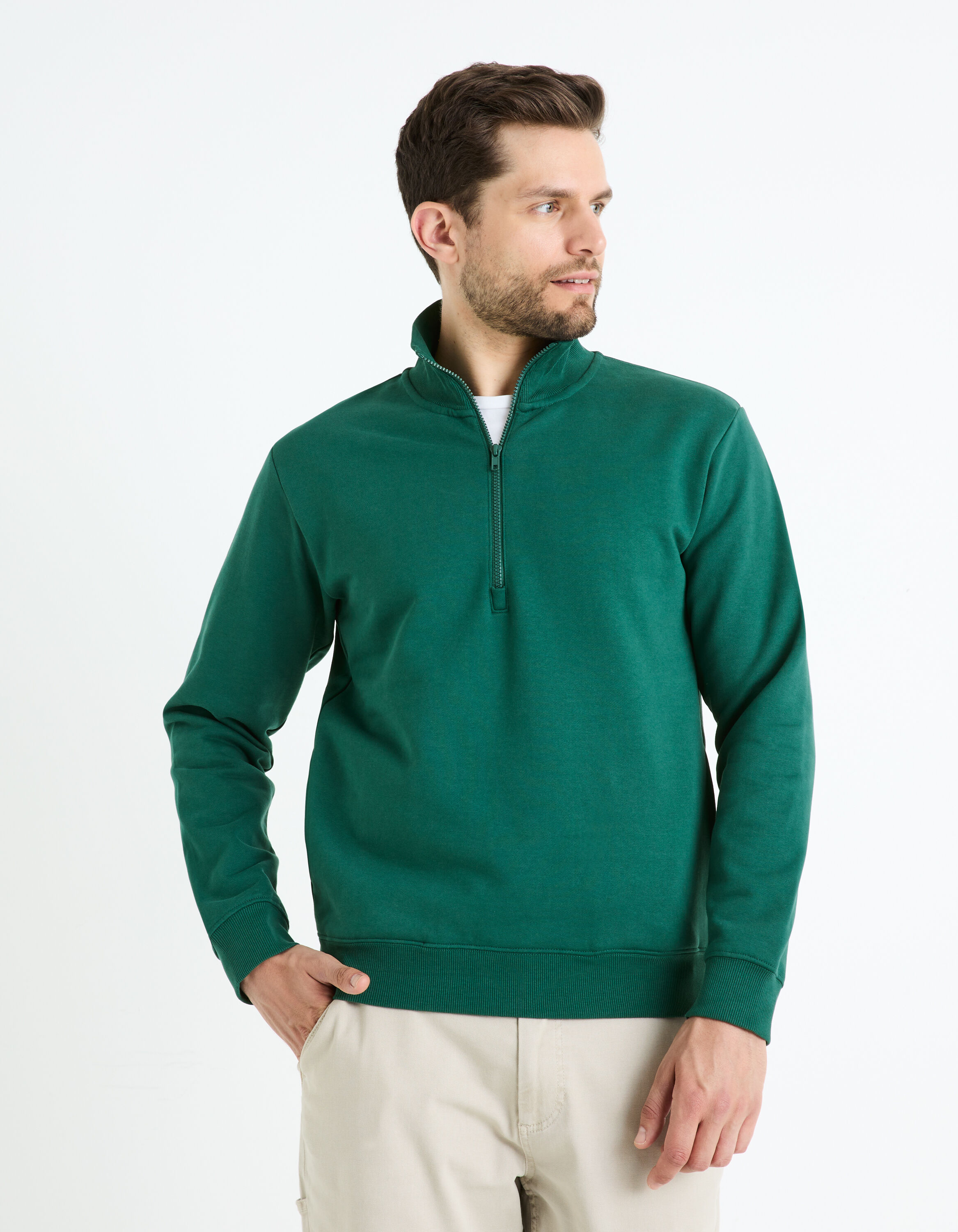 Sweat col zippé coton mélangé - beige | Celio Tunisie